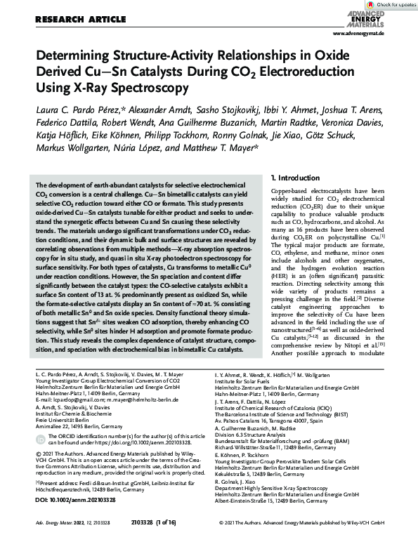 (PDF) Determining Structure‐Activity Relationships in Oxide Derived Cu ...