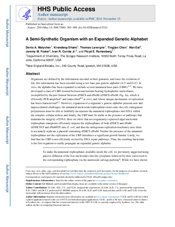 Pdf A Semi Synthetic Organism With An Expanded Genetic Alphabet Ivan Corrêa