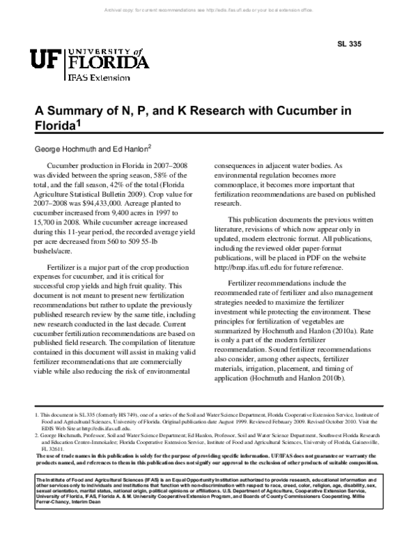 (PDF) Summary of N, P, and K Research with Cucumber in Florida