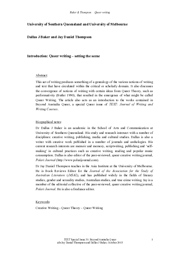 (PDF) Introduction: Queer writing – setting the scene