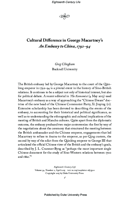 (PDF) Cultural Difference in George Macartney's An Embassy to China ...