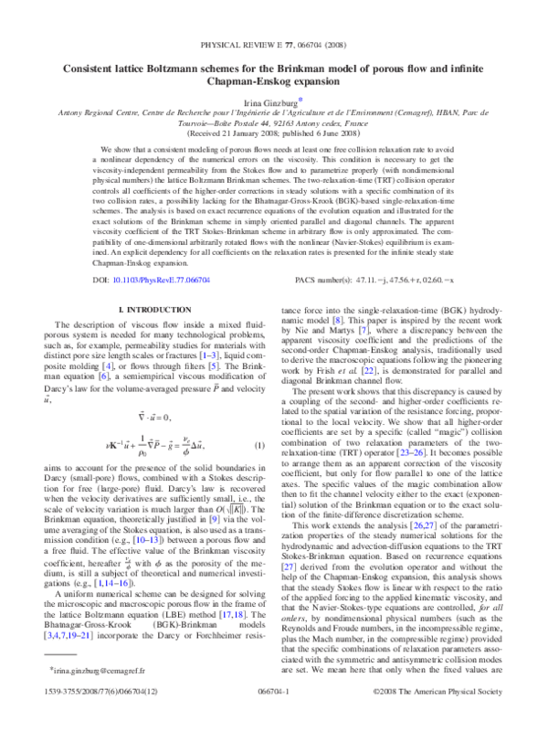 (PDF) Consistent lattice Boltzmann schemes for the Brinkman model of porous flow and infinite ...