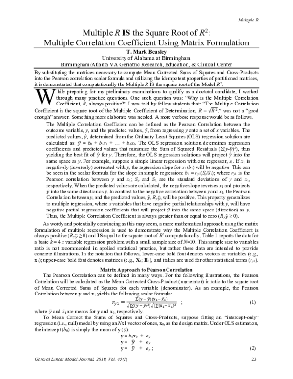 (PDF) Multiple R IS the Square Root of R2: Multiple Correlation Coefficient Using Matrix Formulation