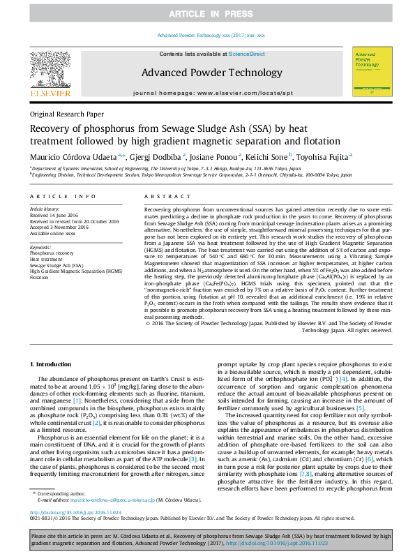 (PDF) Recovery of phosphorus from Sewage Sludge Ash (SSA) by heat ...