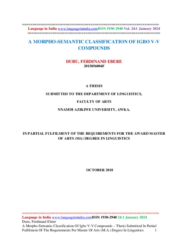 (PDF) A Morpho-Semantic Classification Of Igbo V-V Compounds -Thesis Submitted In Partial ...