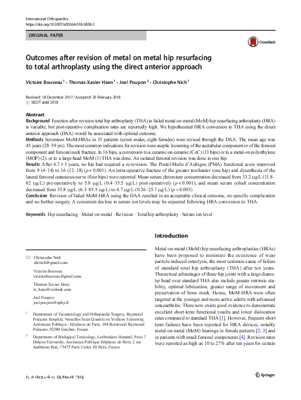 (PDF) Outcomes after revision of metal on metal hip resurfacing to ...