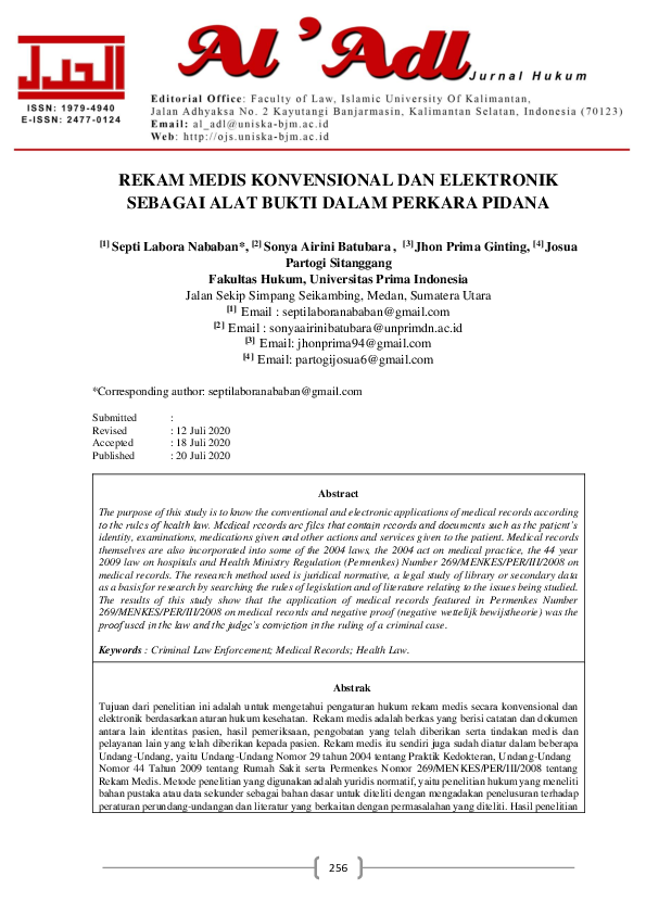 (PDF) Rekam Medis Konvensional Dan Elektronik Sebagai Alat Bukti Dalam Perkara Pidana