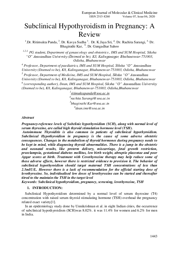 (PDF) Subclinical Hypothyroidism in Pregnancy: A Review