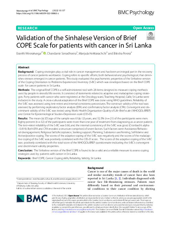 (PDF) Validation of the Sinhalese Version of Brief COPE Scale for ...