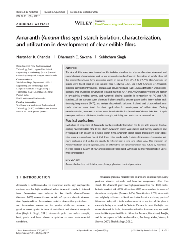 Pdf Amaranth Amaranthus Spp Starch Isolation Characterization And Utilization In