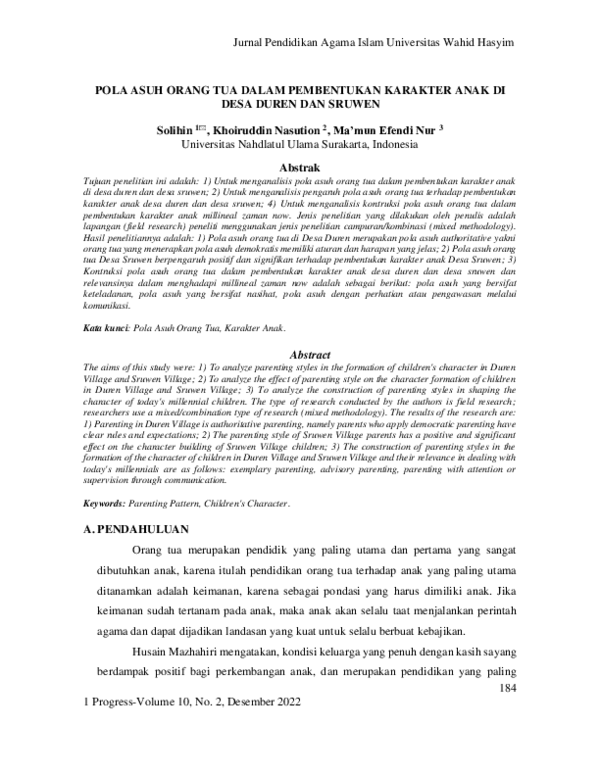 (PDF) Pola Asuh Orang Tua Dalam Pembentukan Karakter Anak DI Desa Duren Dan Sruwen