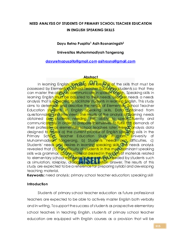 (PDF) Need Analysis of Students of Primary School Teacher Education in ...