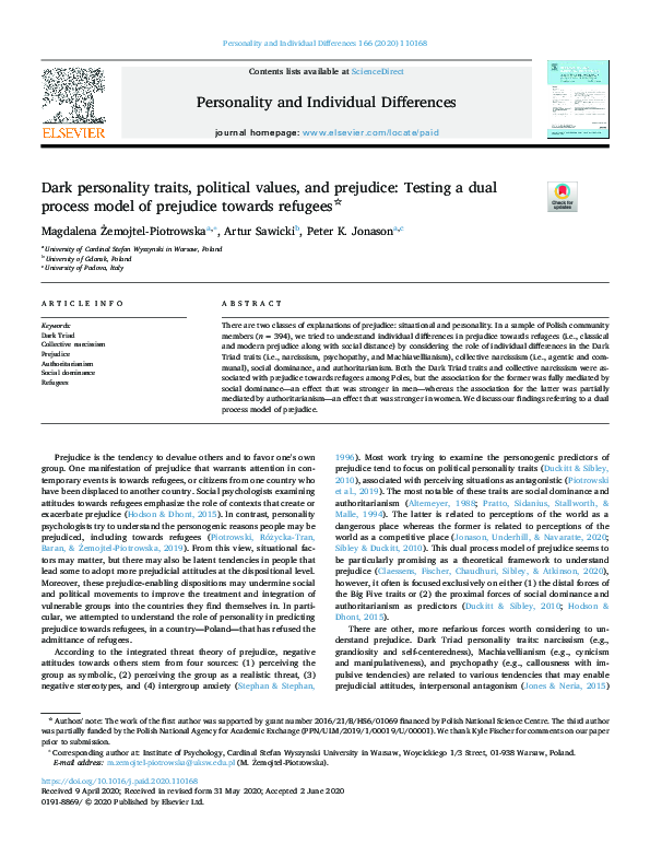 (PDF) Dark personality traits, political values, and prejudice: Testing ...