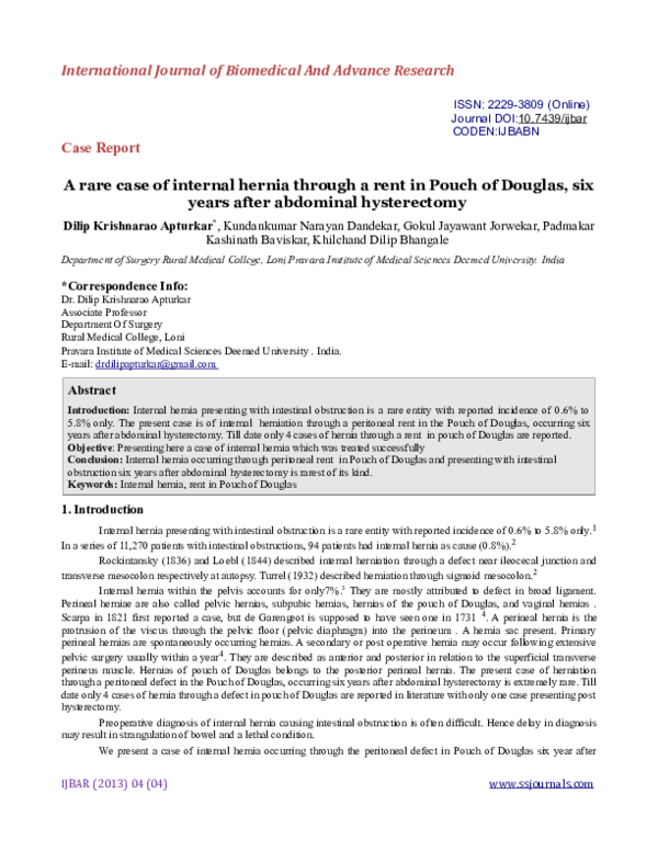 (PDF) A rare case of internal hernia through a rent in Pouch of Douglas ...
