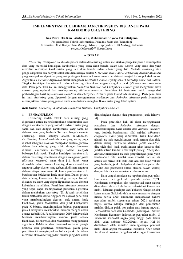 (PDF) Implementasi Euclidean Dan Chebyshev Distance Pada K-Medoids Clustering