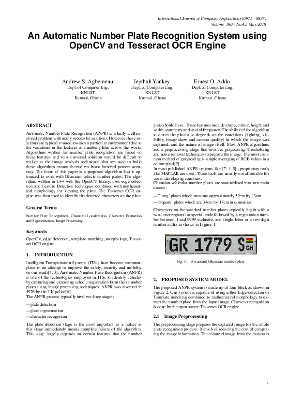 Pdf An Automatic Number Plate Recognition System Using Opencv And