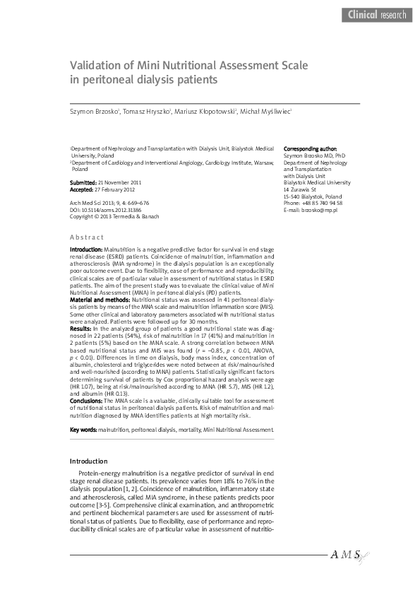 (PDF) Validation of Mini Nutritional Assessment Scale in peritoneal ...