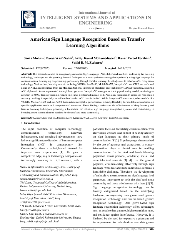 (PDF) American Sign Language Recognition Based on Transfer Learning Algorithms