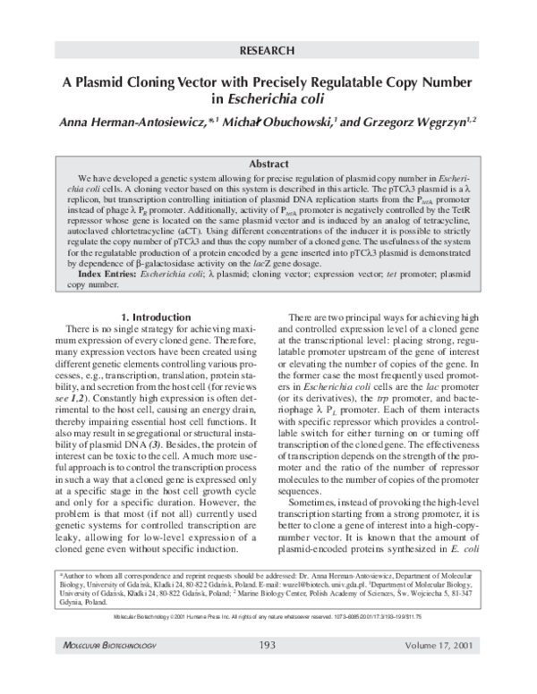 (PDF) A Plasmid Cloning Vector with Precisely Regulatable Copy Number ...