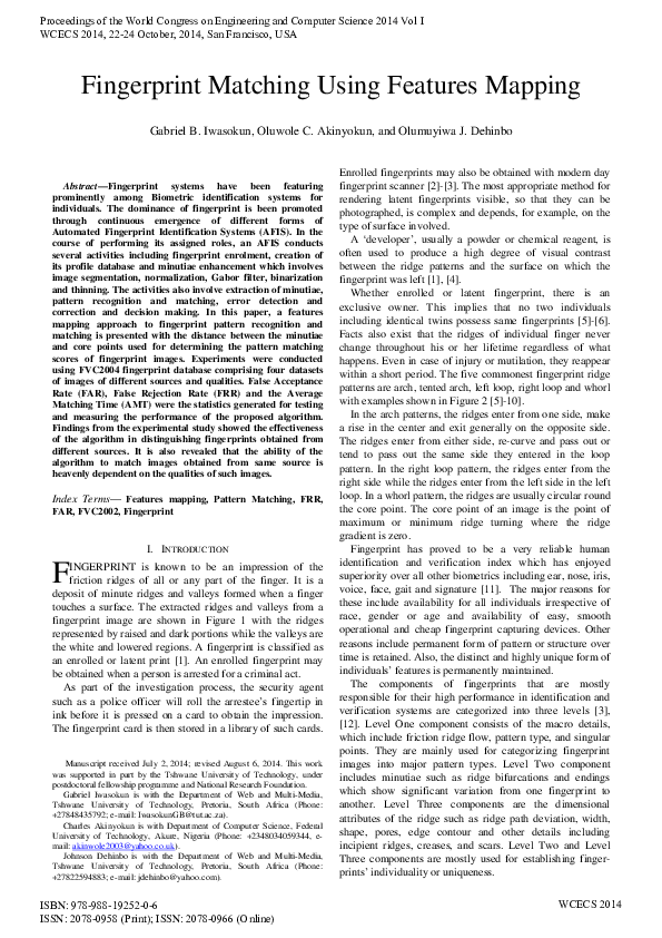 (PDF) Fingerprint Matching Using Features Mapping