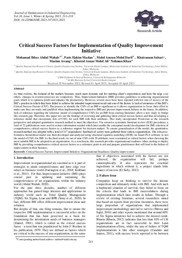 (PDF) Critical Success Factors for Implementation of Quality Improvement Initiative