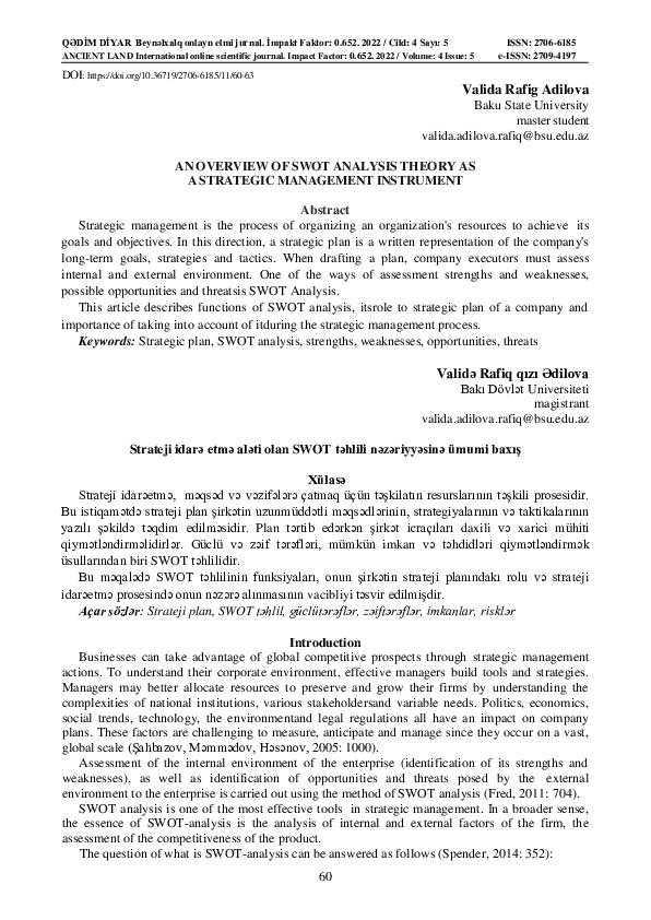 (PDF) An Overview of Swot Analysis Theory as a Strategic Management ...