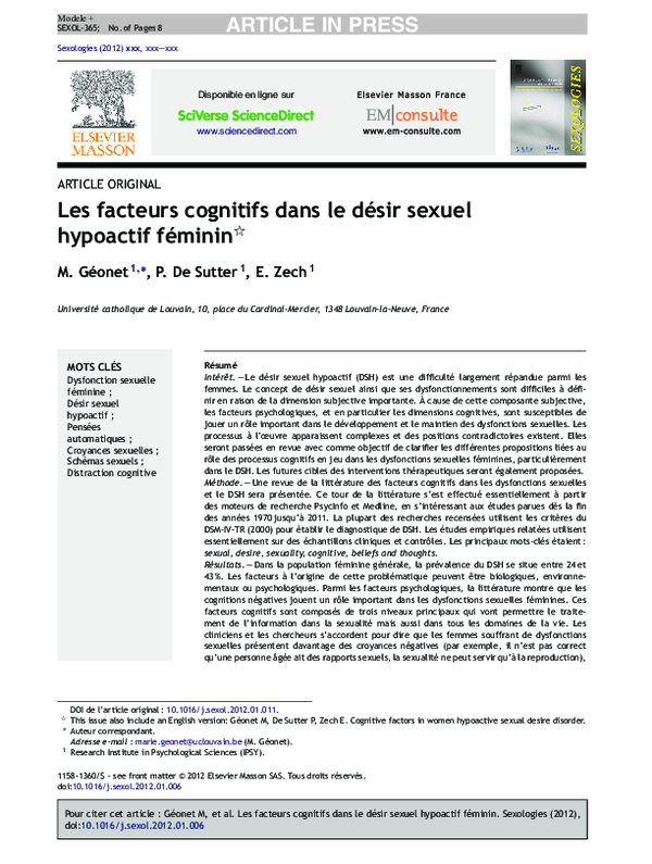 Pdf Les Facteurs Cognitifs Dans Le Désir Sexuel Hypoactif Féminin