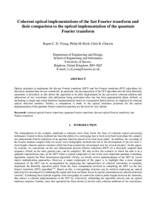 Pdf Coherent Optical Implementations Of The Fast Fourier Transform And Their Comparison To The 