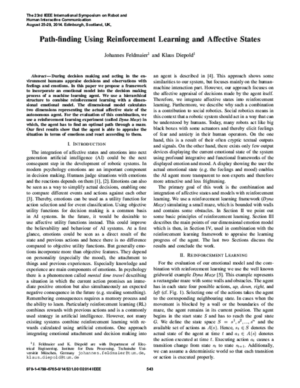 (PDF) Path-finding using reinforcement learning and affective states