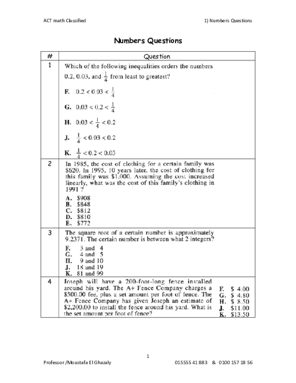 (PDF) 1) Numbers Questions ACT math classification | Moustafa Elghazaly ...