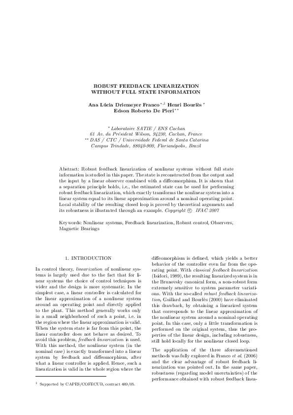 (PDF) Robust Feedback Linearization Without Full State Information