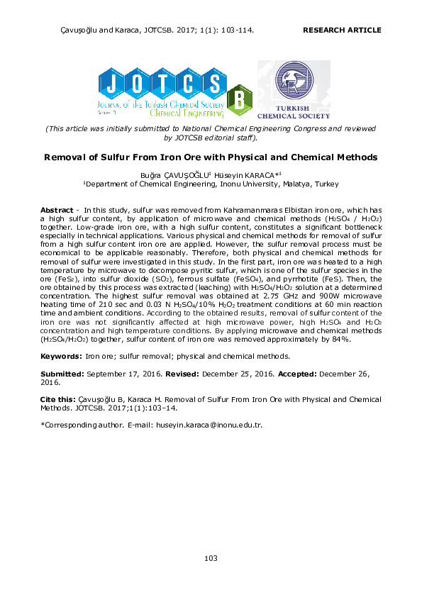 (PDF) Removal of Sulfur from Iron Ore with Physical and Chemical Methods