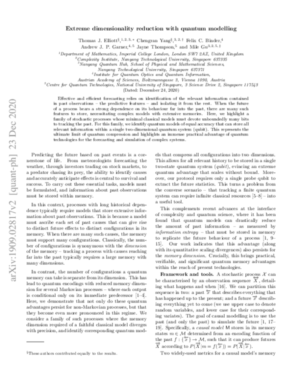 (PDF) Extreme Dimensionality Reduction with Quantum Modeling