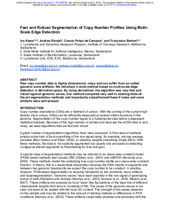 Pdf Fast And Robust Segmentation Of Copy Number Profiles Using Multi