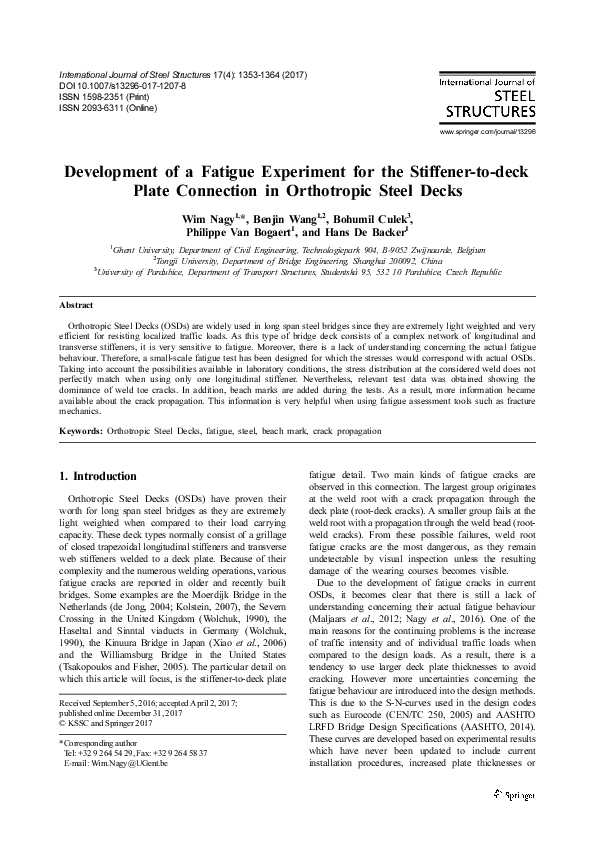 (PDF) Development of a fatigue experiment for the stiffener-to-deck plate connection in ...