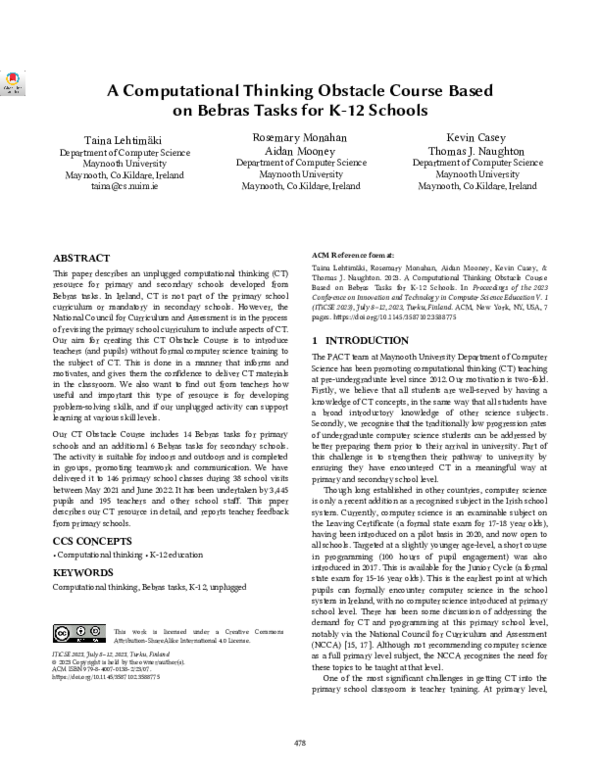 (PDF) A Computational Thinking Obstacle Course Based on Bebras Tasks for K-12 Schools