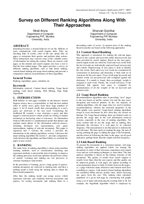 (PDF) Survey on Different Ranking Algorithms Along With Their Approaches | Sharvari Govilkar ...
