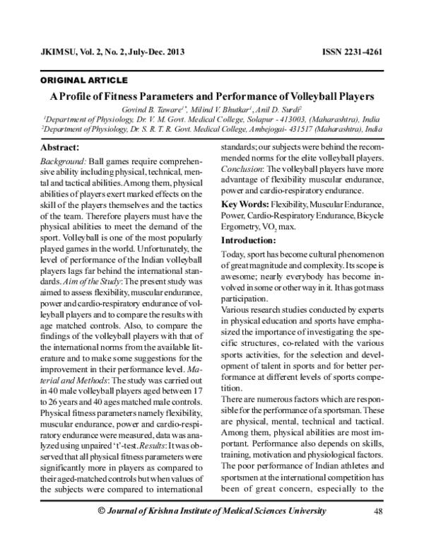 (PDF) A Profile of Fitness Parameters and Performance of Volleyball Players