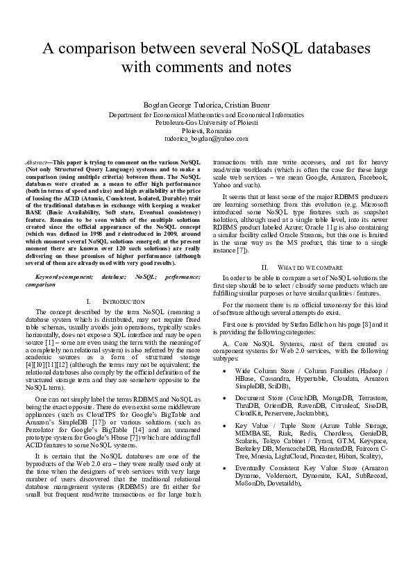 (PDF) A comparison between several NoSQL databases with comments and notes