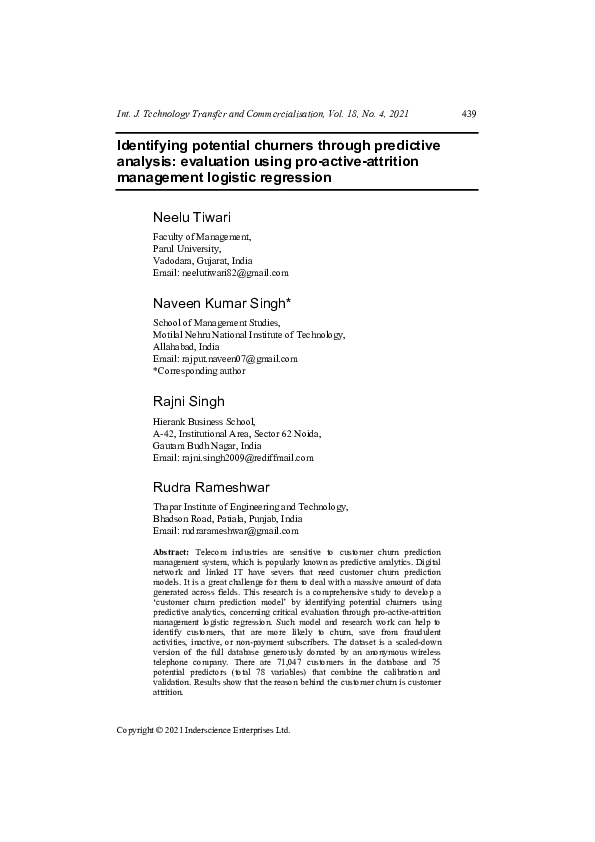 (PDF) Identifying potential churners through predictive analysis: evaluation using pro-active ...
