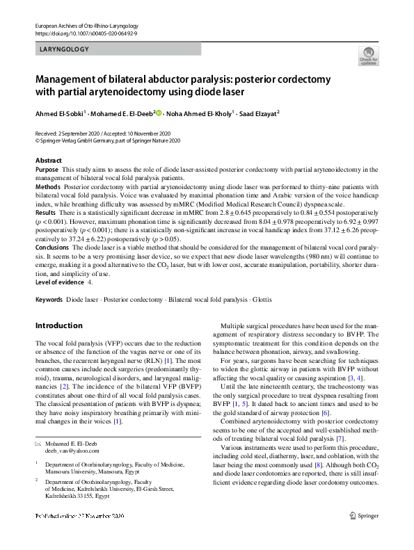 (PDF) Management of bilateral abductor paralysis: posterior cordectomy ...