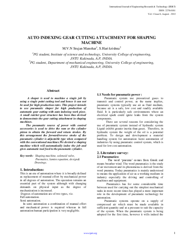 (PDF) Auto Indexing Gear Cutting Attachment for Shaping Machine