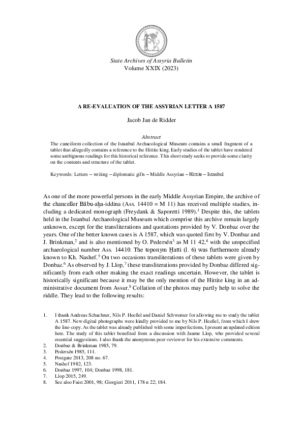 (PDF) A Re-evaluation of the Assyrian Letter A 1587, State Archives of ...