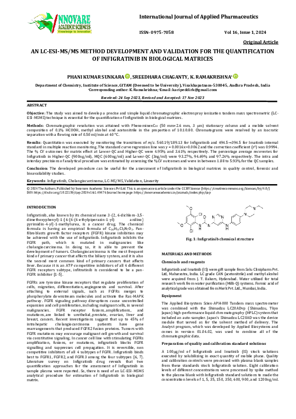(PDF) AN LC-ESI-MS/MS METHOD DEVELOPMENT AND VALIDATION FOR THE QUANTIFICATION OF INFIGRATINIB ...