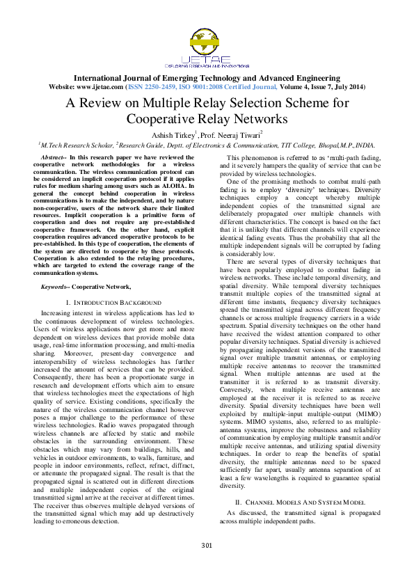 Pdf A Review On Multiple Relay Selection Scheme For Cooperative Relay Networks Ashish Tirkey