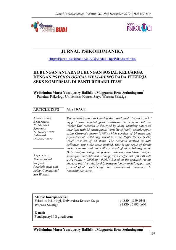 (PDF) Hubungan Antara Dukungan Sosial Keluarga Dengan Psychological Well-Being Pada Pekerja Seks ...