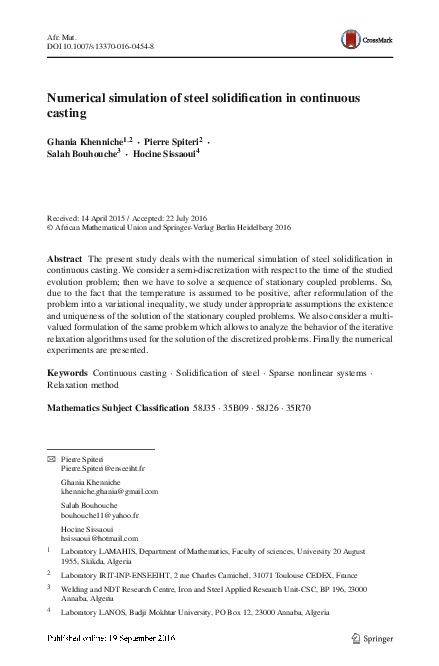 Pdf Numerical Simulation Of Steel Solidification In Continuous Casting