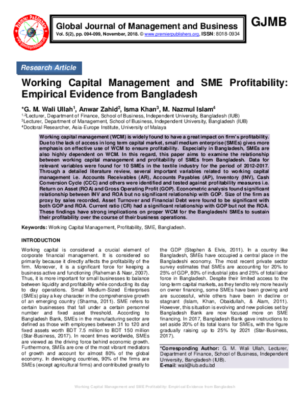 (PDF) Working Capital Management and SME Profitability: Empirical Evidence from Bangladesh GJMB ...