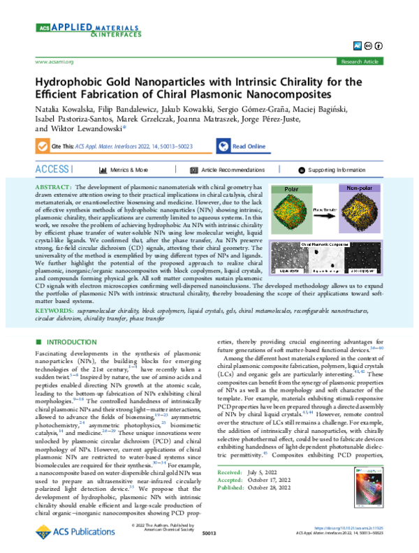(PDF) Hydrophobic Gold Nanoparticles with Intrinsic Chirality for the Efficient Fabrication of ...