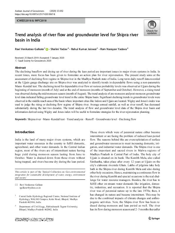 (PDF) Trend analysis of river flow and groundwater level for Shipra ...